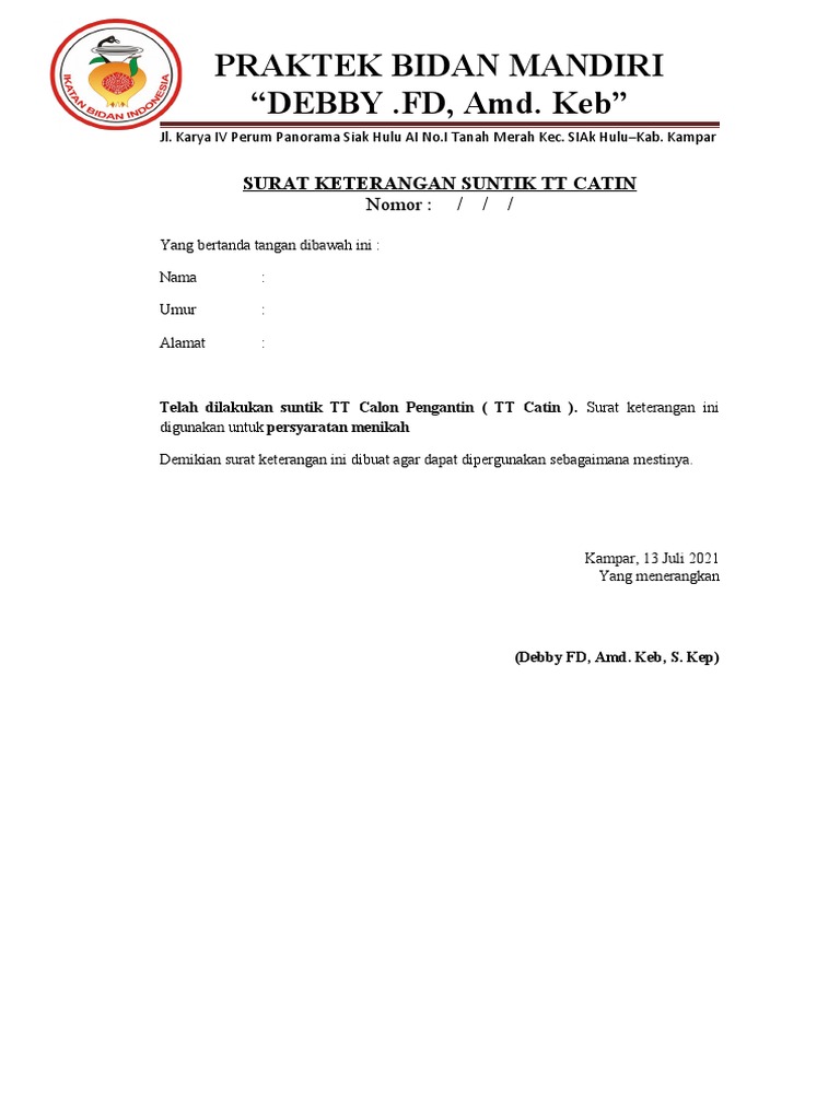 Surat Keterangan Suntik TT Catin | PDF