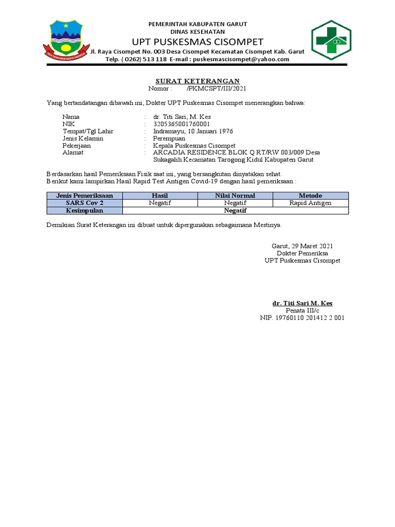 Surat Keterangan Pemeriksaan Rapid Antigen | PDF