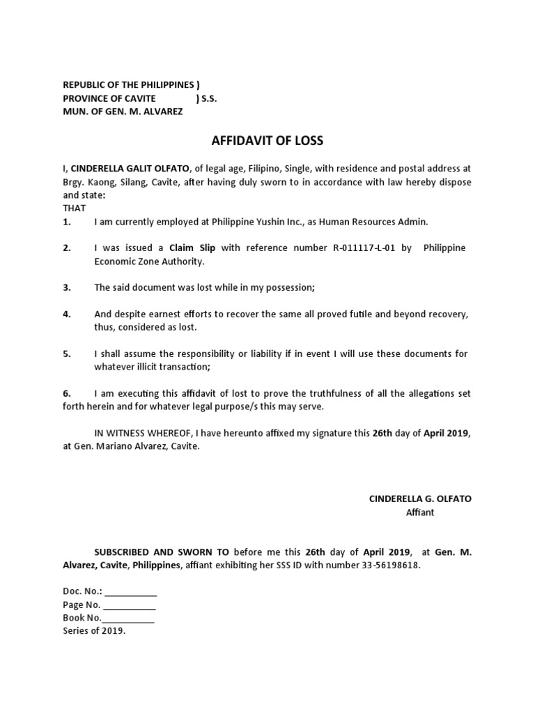 Affidavit of Lost | PDF | Affidavit | Identity Document