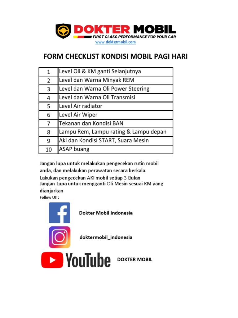 Form Checklist Mobil Pagi Hari | PDF