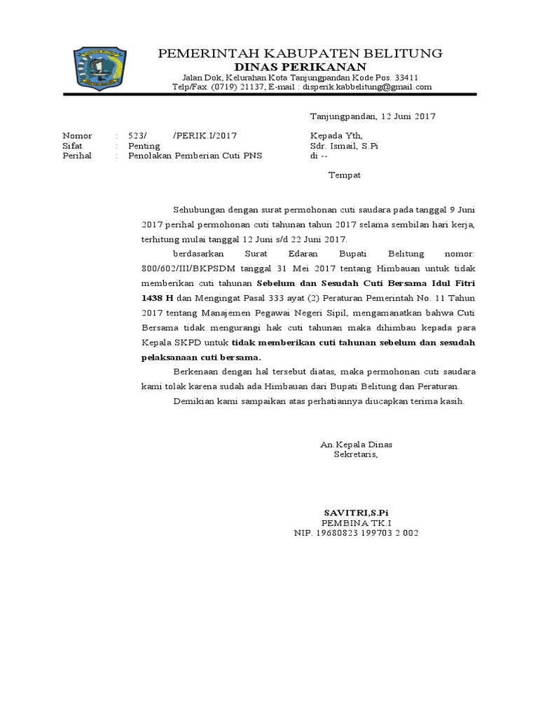 Contoh Surat Penolakan Cuti Tahunan PNS | PDF