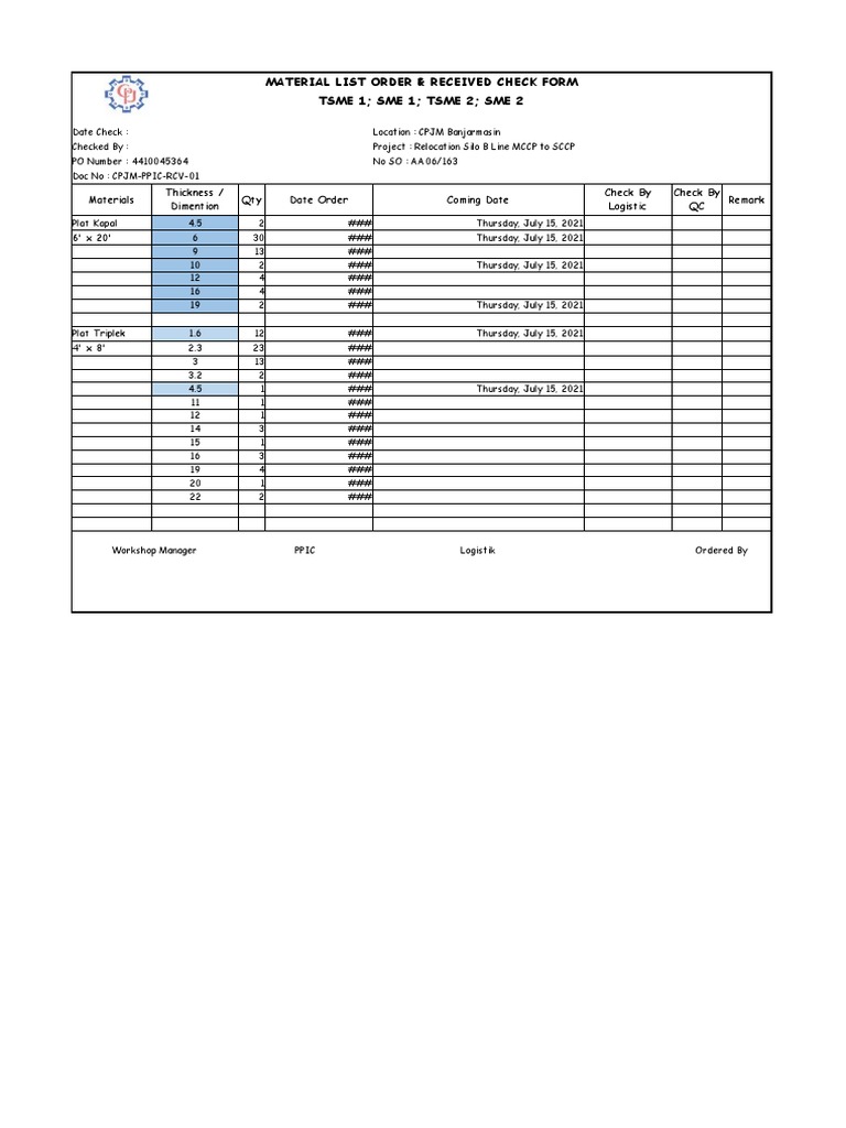 Material List Order & Received Check Form Tsme 1 Sme 1 Tsme 2 Sme 2 ...