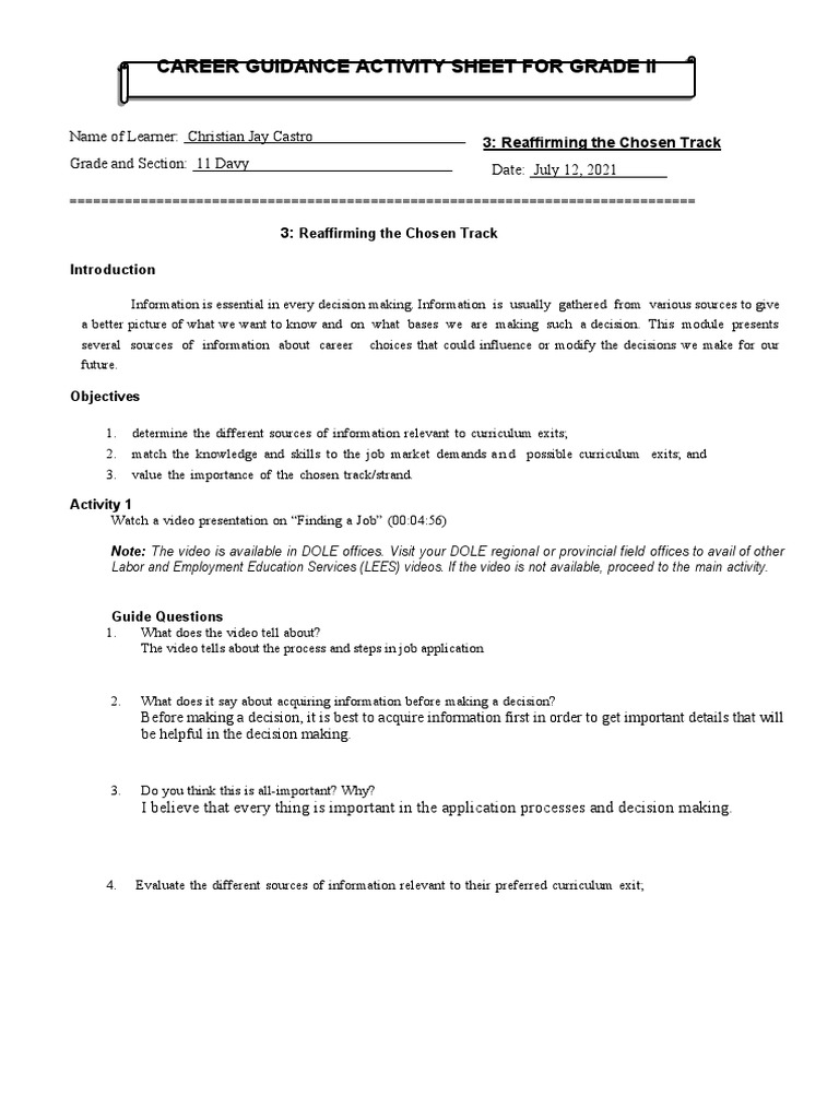 Career Guidance Activity Sheet For Grade Ii | PDF | Occupational Safety ...