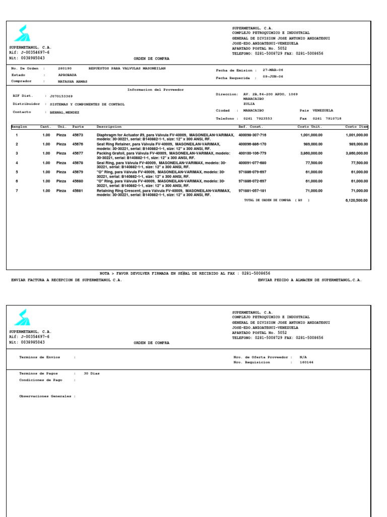 Supermetanol, C.A. Rif: J-00354697-6 Nit: 0038985043 Orden de Compra | PDF