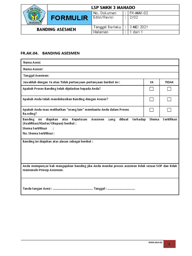 Form Mak 02. Banding Asesmen | PDF