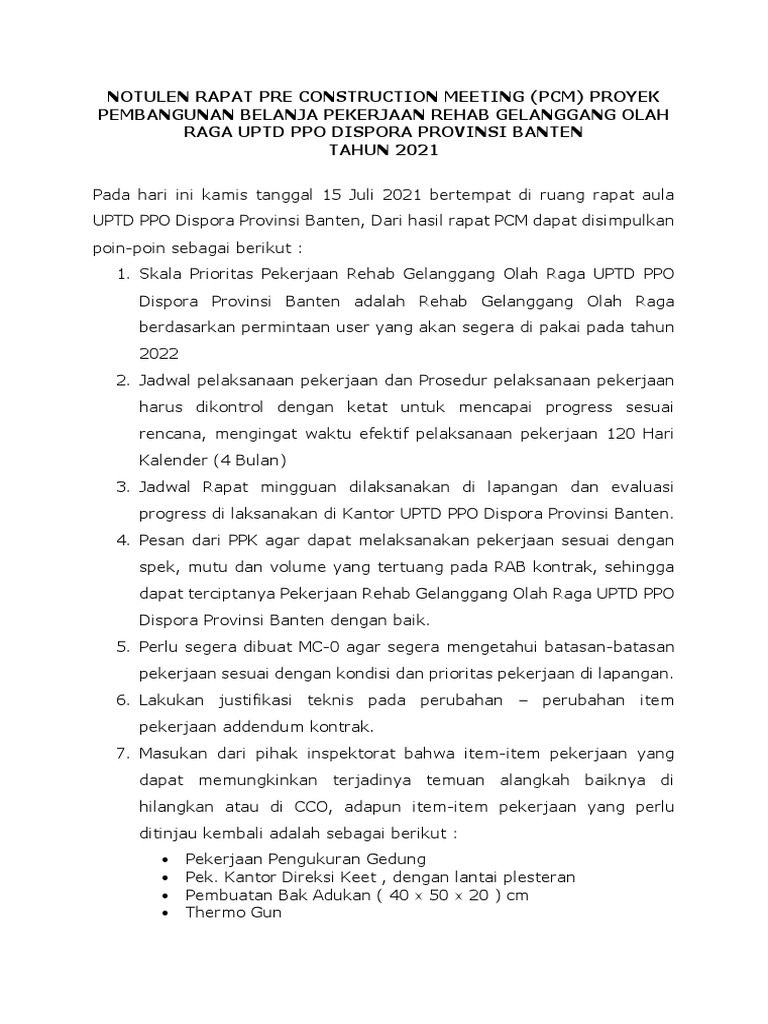 Notulen Rapat Pre Construction Meeting Gor Dispora | PDF