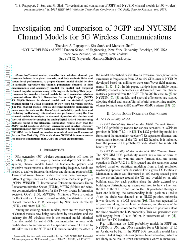 Investigation and Comparison of 3GPP and NYUSIM Channel Models For 5G Wireless Communications | PDF
