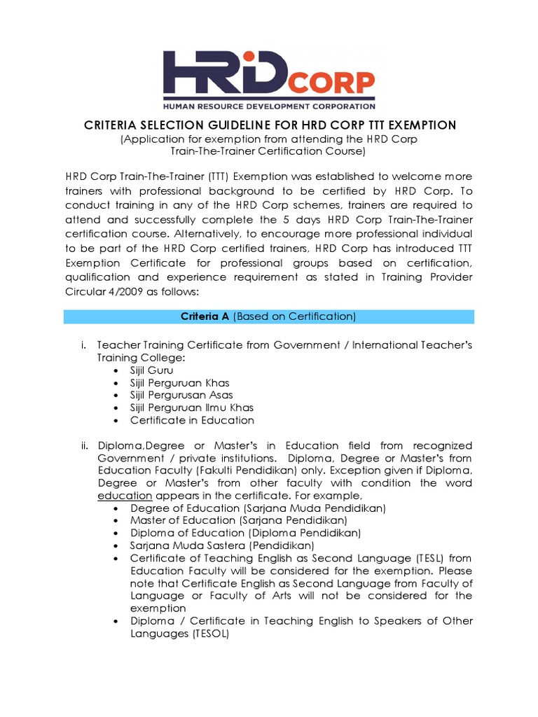 TTT Exemption Application Guideline For Criteria Selection | PDF | Vocational Education | Diploma