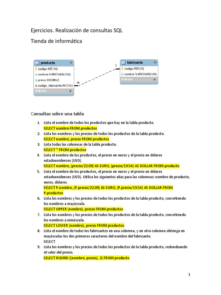 Ejercicios. Realización de Consultas SQL Tienda de Informática | PDF
