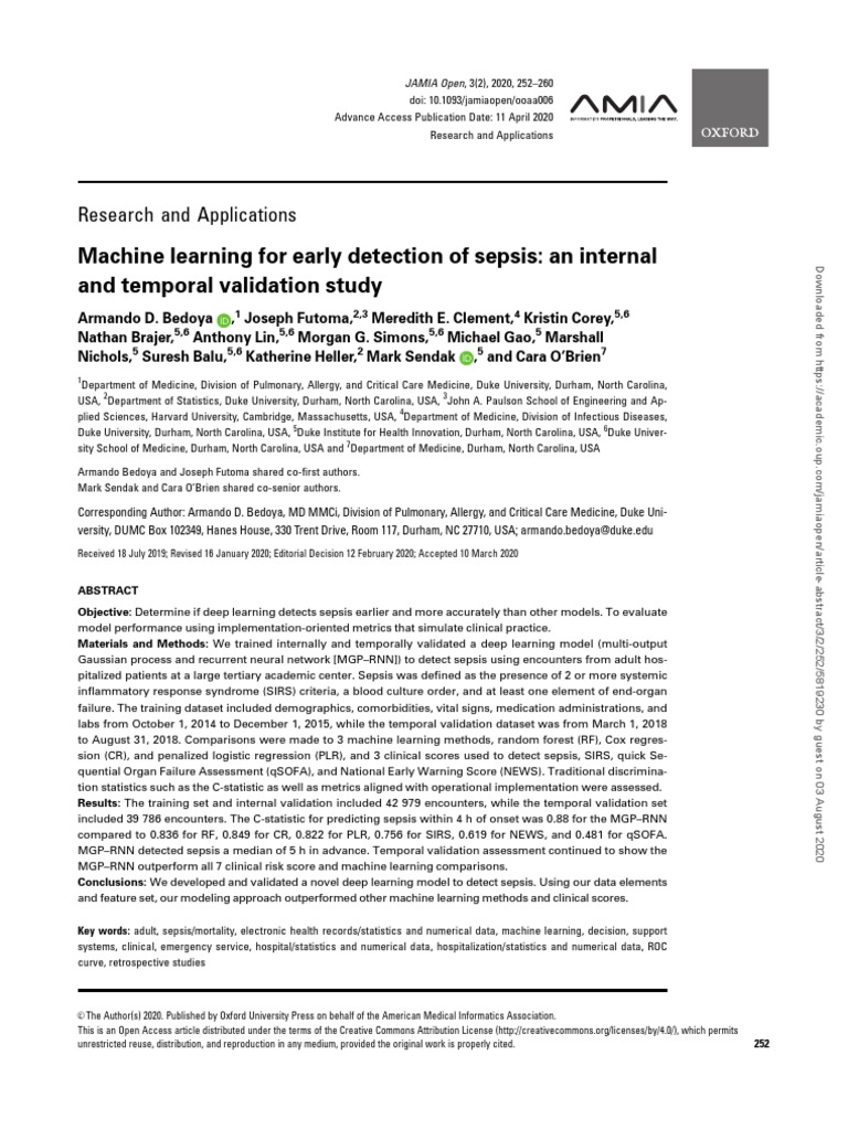 Machine Learning For Early Detection of Sepsis - An Internal and ...
