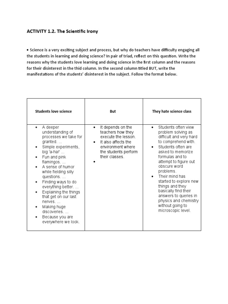 ACTIVITY 1.2. The Scientific Irony: Students Love Science But | PDF ...