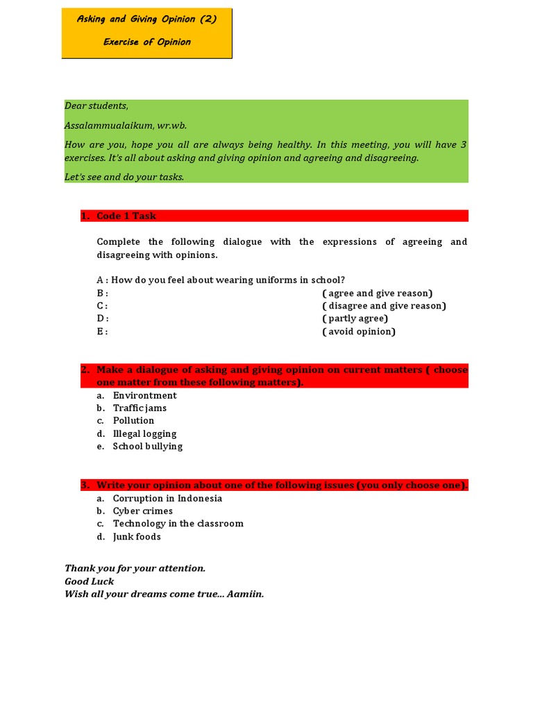 Exercises on Asking and Giving Opinions | PDF