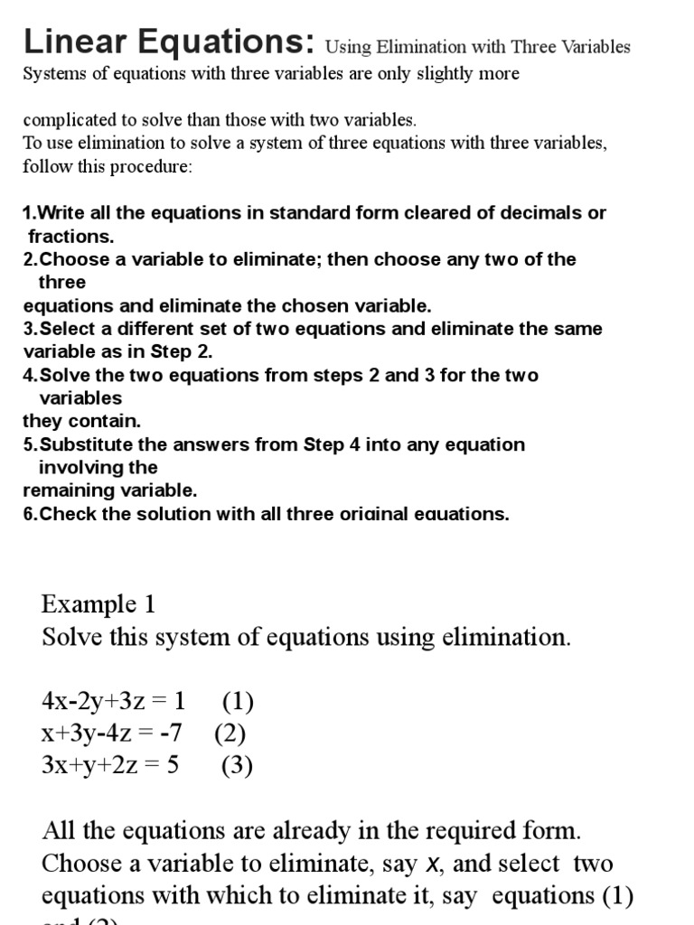 Linear Equations:: Using Elimination With Three Variables | PDF