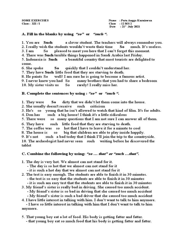Exercises (So ... That-Such ... That) | PDF