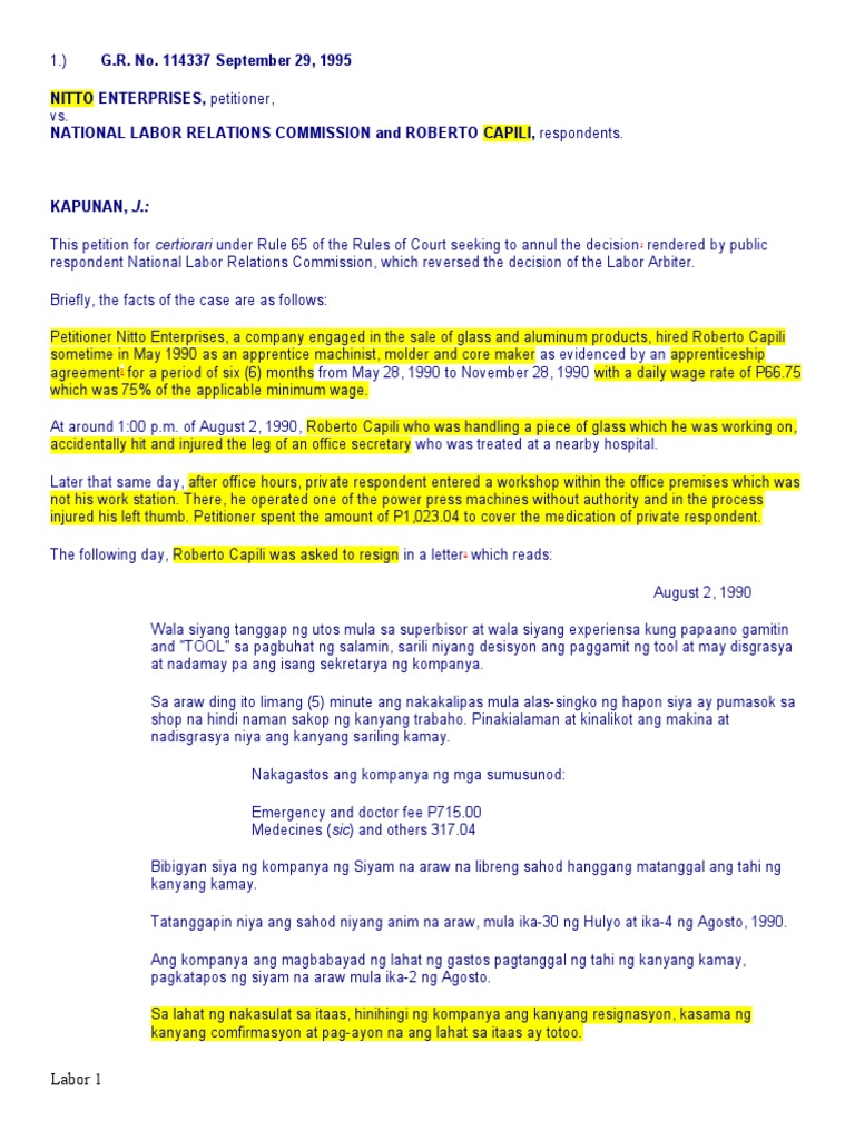 Nitto Enterprises vs. NLRC: Illegal Dismissal Case | PDF | Employment ...