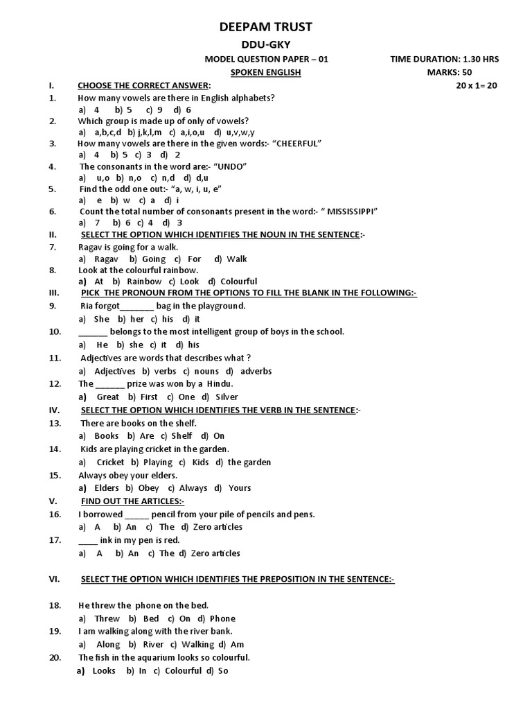 SPOKEN ENGLISH Model Question Paper-01 | PDF | Part Of Speech | Morphology