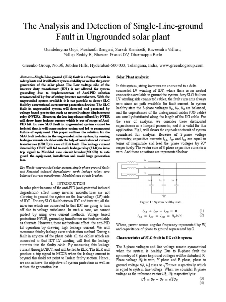 The Analysis And Detection Of Single Line Ground Fault In Ungrounded Solar Plant Pdf