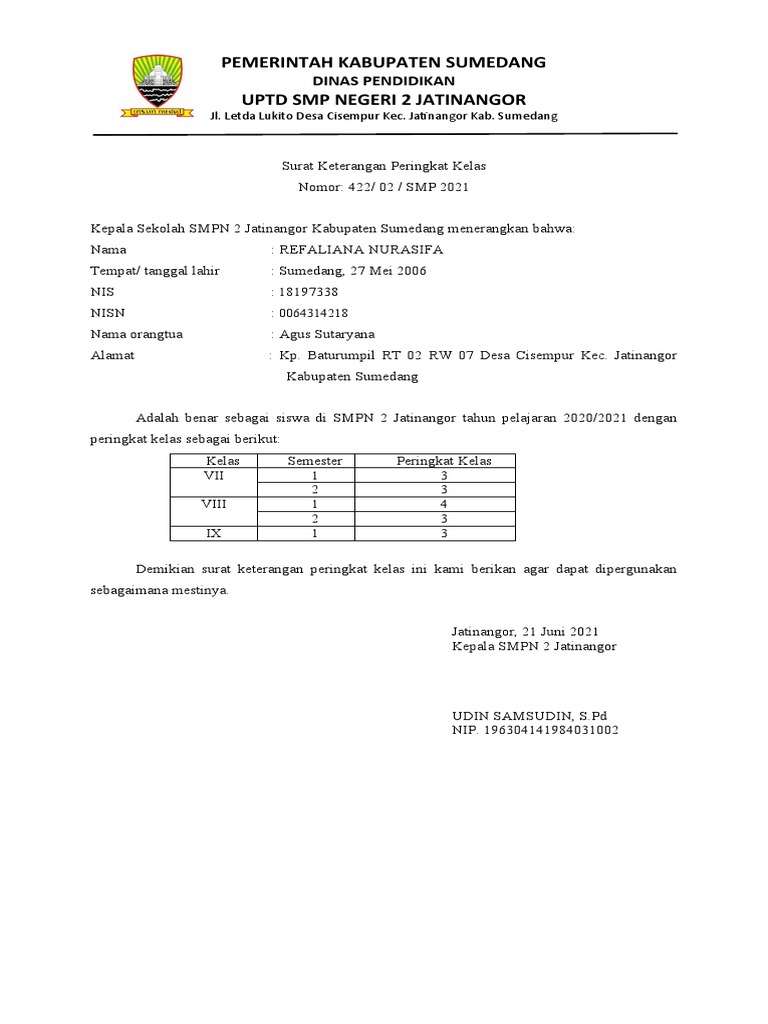 Surat Keterangan Ranking Kelas | PDF