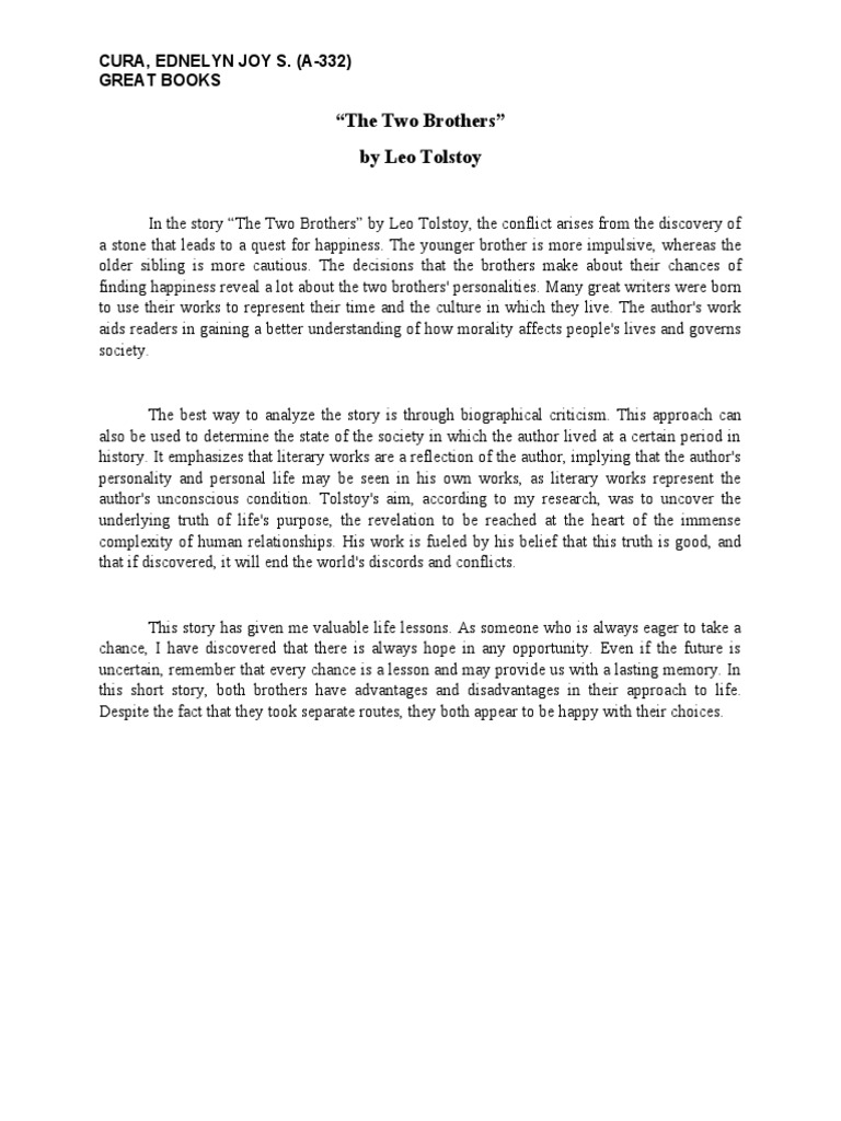 "The Two Brothers" by Leo Tolstoy: Cura, Ednelyn Joy S. (A-332) Great ...