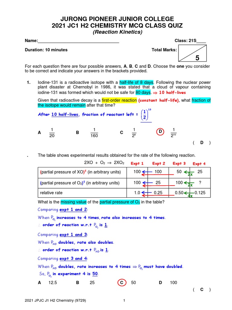 2021 Kinetics MCQ Quiz - Worked Solns | PDF | Chemistry | Physical Sciences