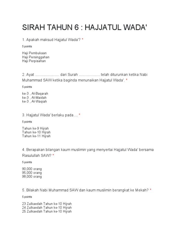Soalan SIRAH TAHUN 6 Hajjatul Wada' | PDF