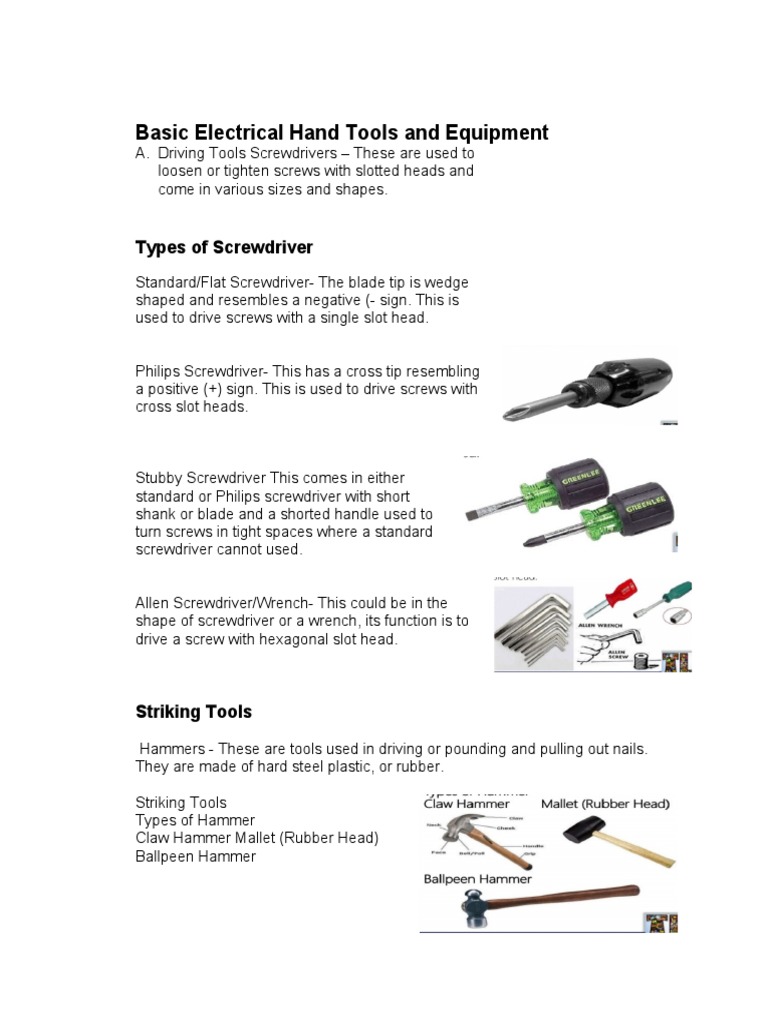 Basic Electrical Hand Tools and Equipment Reviewer g10 | PDF