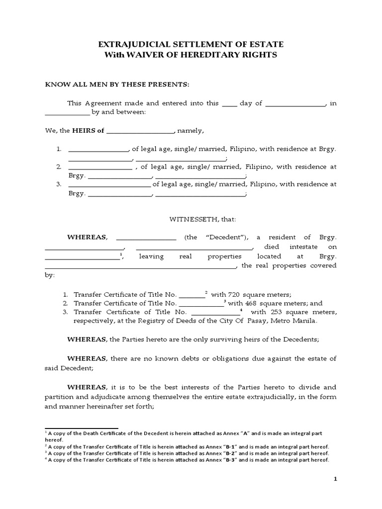 Extrajudicial Settlement of Estate With Waiver of Hereditary Rights ...