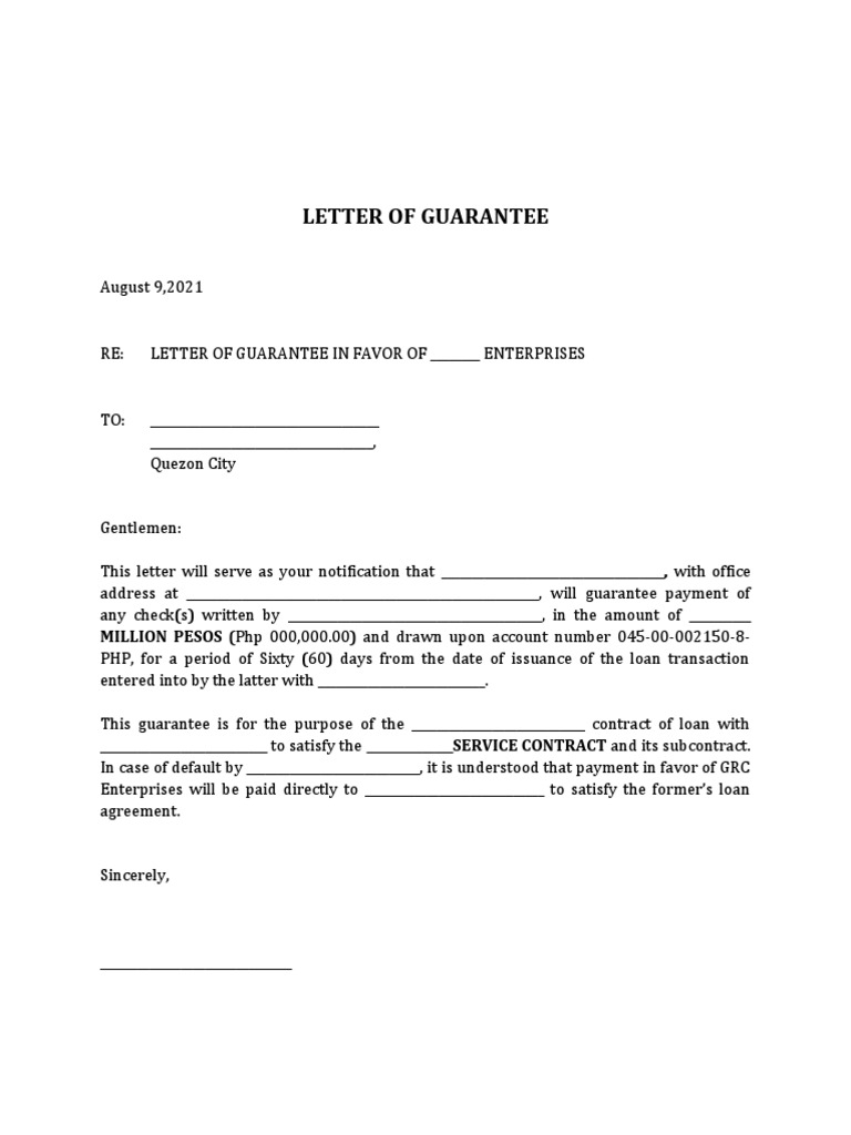 Letter of Guarantee for Loan Payment | PDF