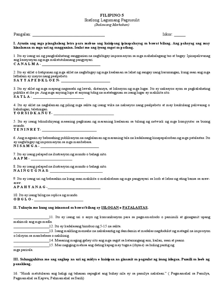 FILipino5 ST4 - Q2 | PDF