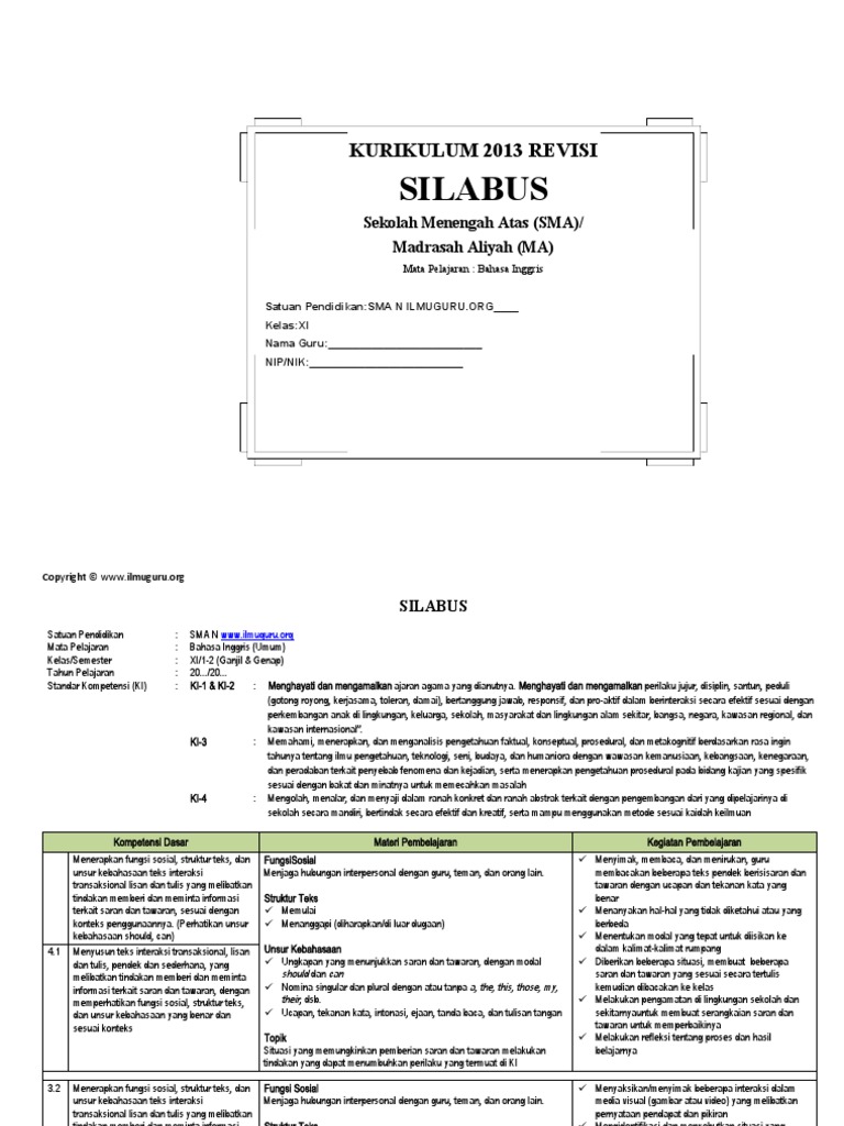Silabus Bahasa Inggris Kelas 11 (3 Kolom) | PDF