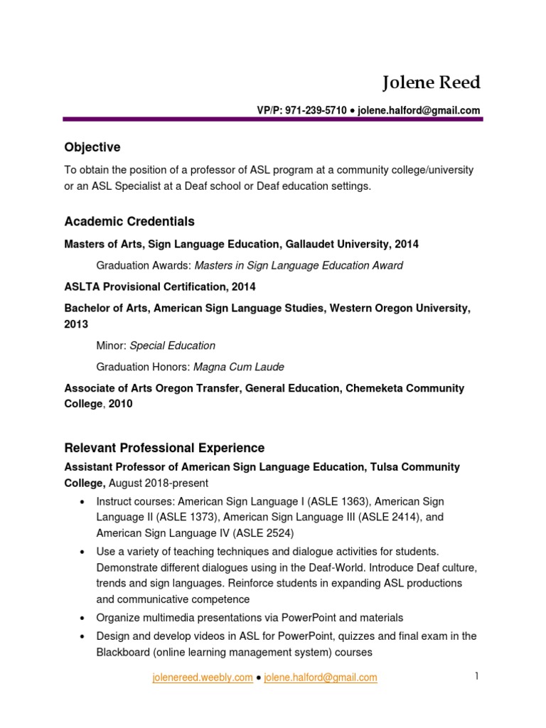 Reed Jolene Curriculum Vitae 2021 | PDF | American Sign Language | Teachers