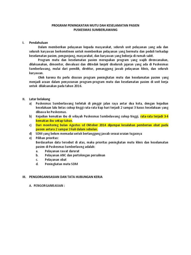 Contoh Program Peningkatan Mutu Dan Keselamatan Pasien | PDF