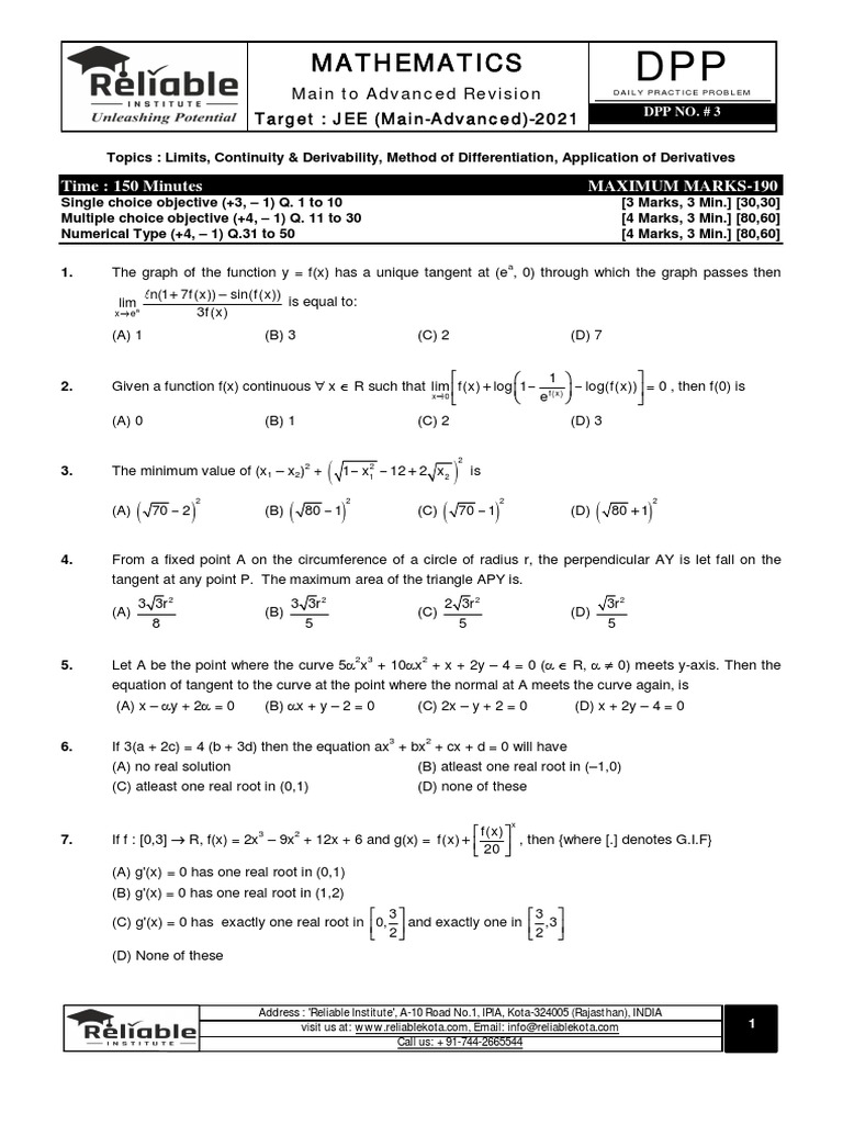 Revision DPP-3 (Main To Advanced) - PC - E | PDF | Trigonometric Functions | Derivative