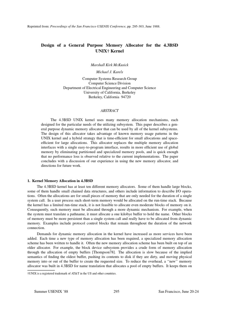 Design of A General Purpose Memory Allocator For The 4.3BSD UNIX Kernel ...