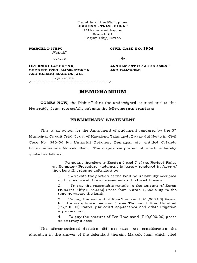 Memorandum: Regional Trial Court Branch 31 | PDF | Lawsuit | Jurisdiction
