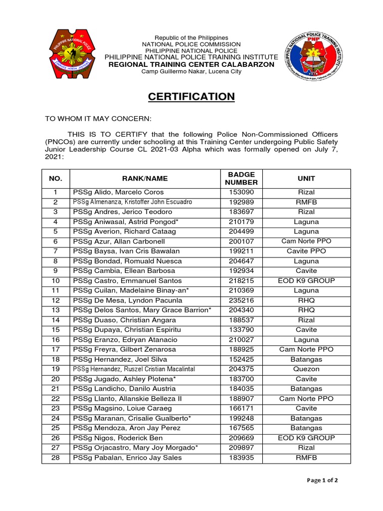 Certification of Police Training at RTC Calabarzon | PDF