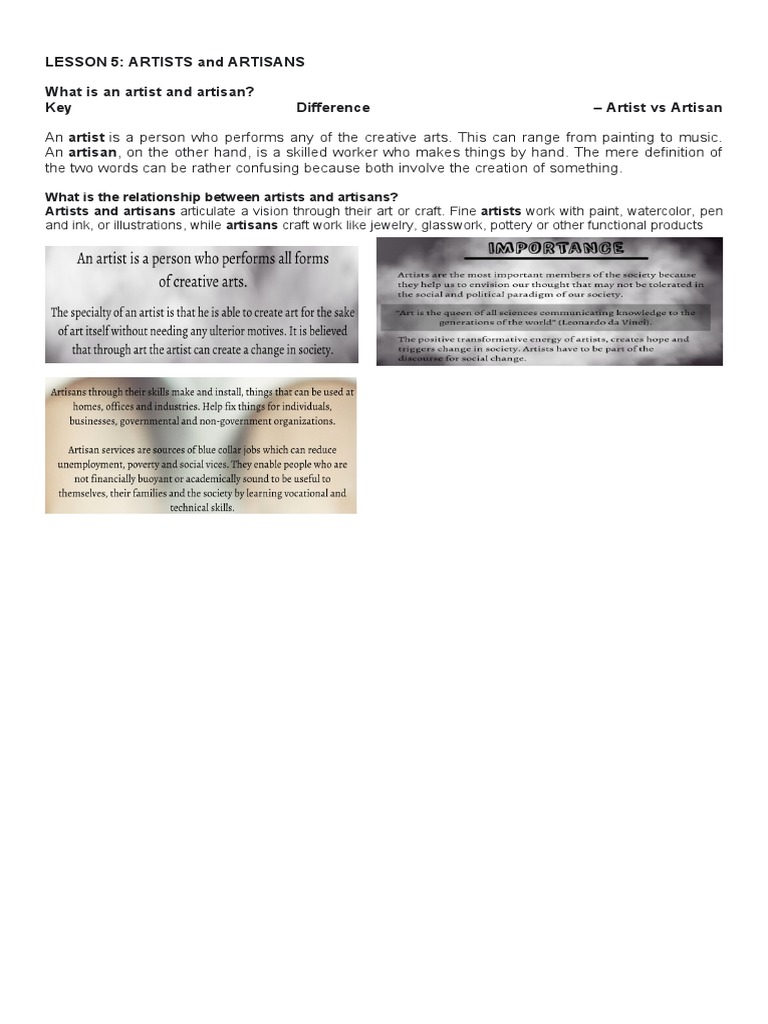 Lesson 5: Artists and Artisans What Is An Artist and Artisan? Key ...