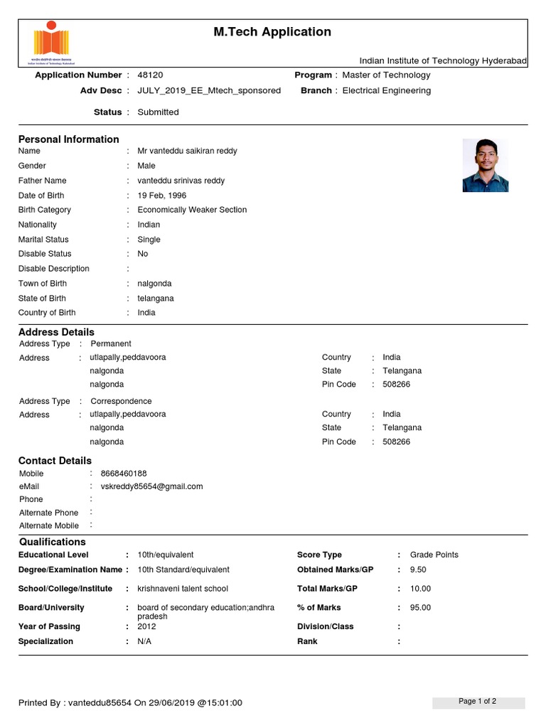 M.Tech Application: Personal Information | PDF