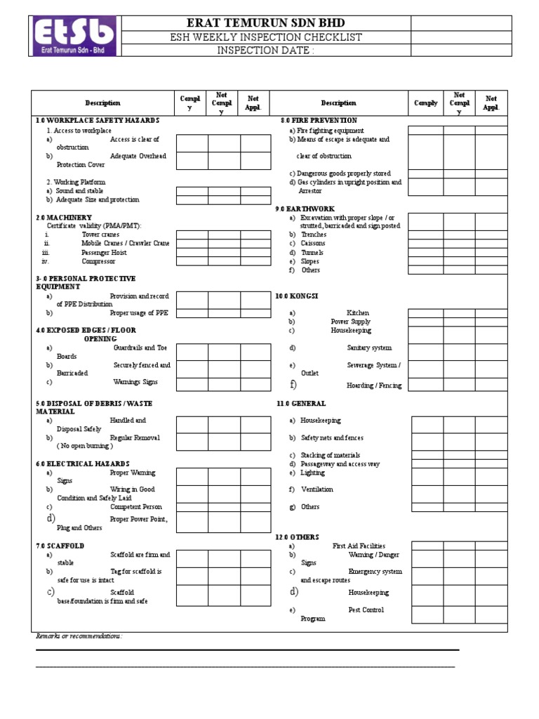 Erat Temurun SDN BHD: Esh Weekly Inspection Checklist Inspection Date | PDF | Occupational ...
