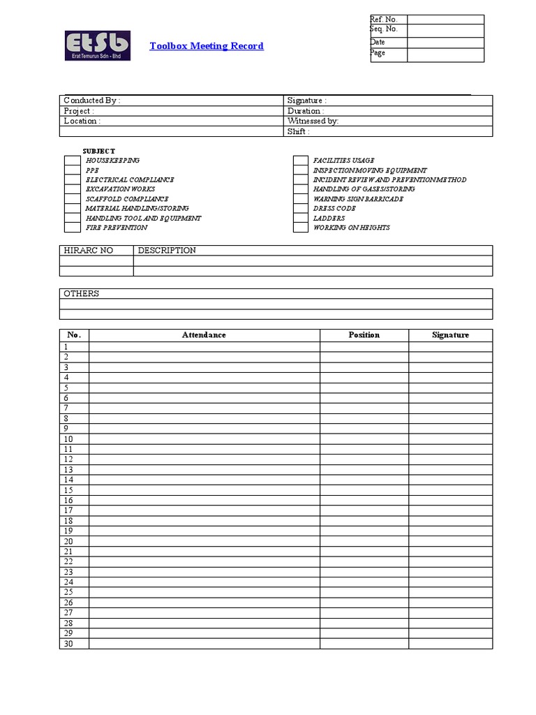 Toolbox Meeting Record | PDF