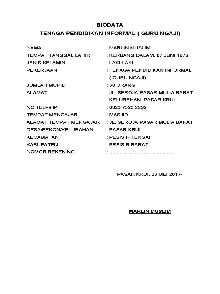 Biodata Tenaga Pendidikan Informal (Guru Ngaji) | PDF