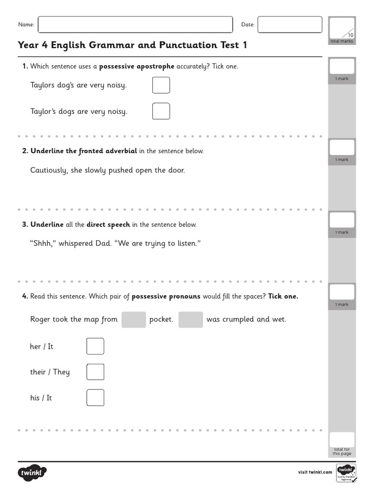 Year 4 English Grammar and Punctuation Test 1 | PDF | English Grammar ...