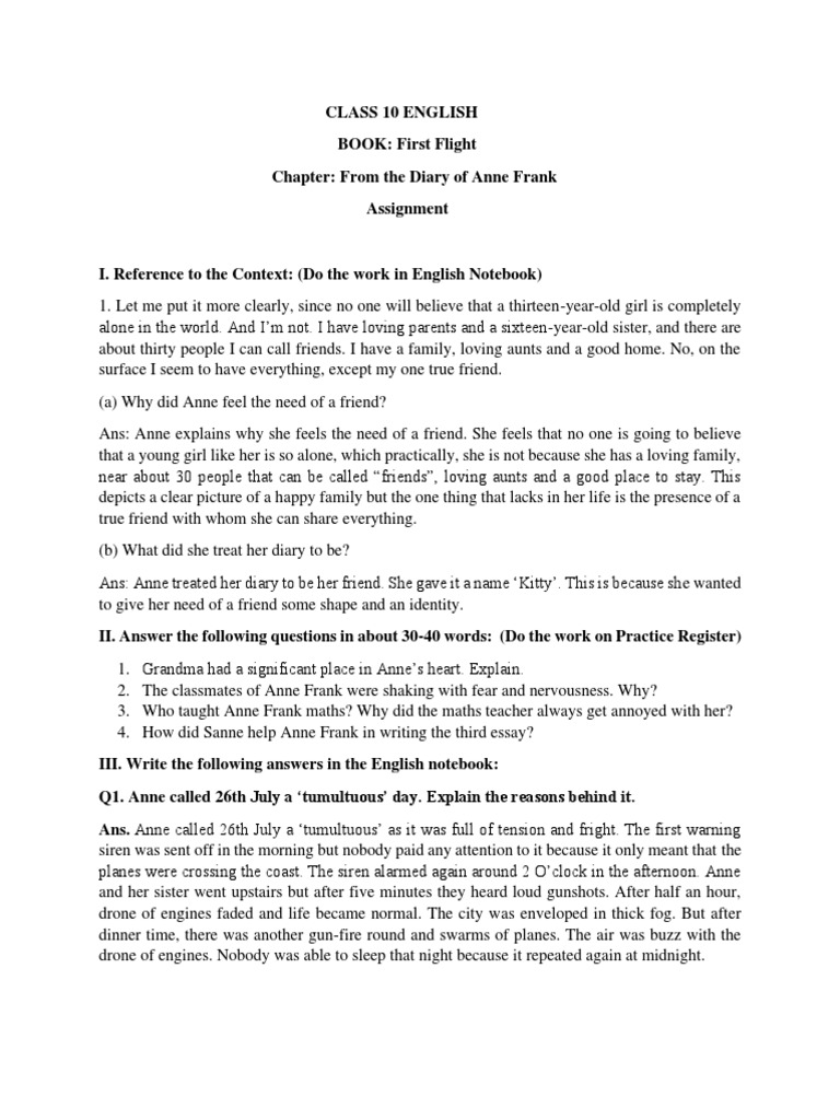10 English-From The Diary of Anne Frank - Assignment | PDF | Anne Frank
