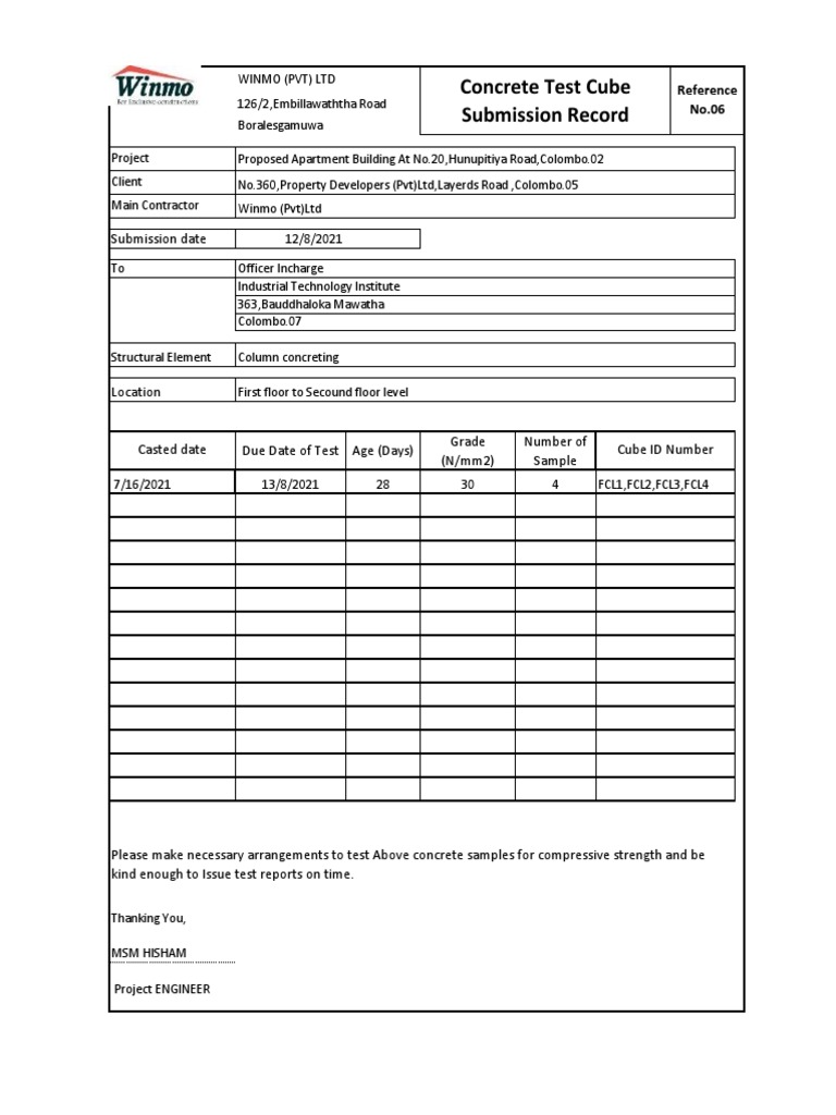 Concrete Test Cube Submission Record | PDF