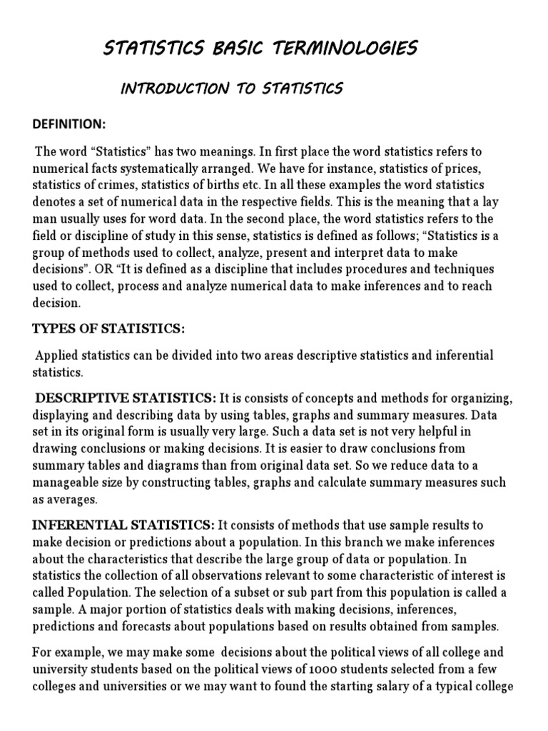 Statistics Basic Terminologies | PDF | Statistics | Sampling (Statistics)
