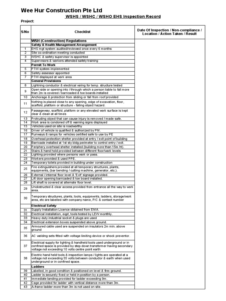 Wshs WSHC Wsho Ehs Inspection Record | PDF | Crane (Machine) | Elevator