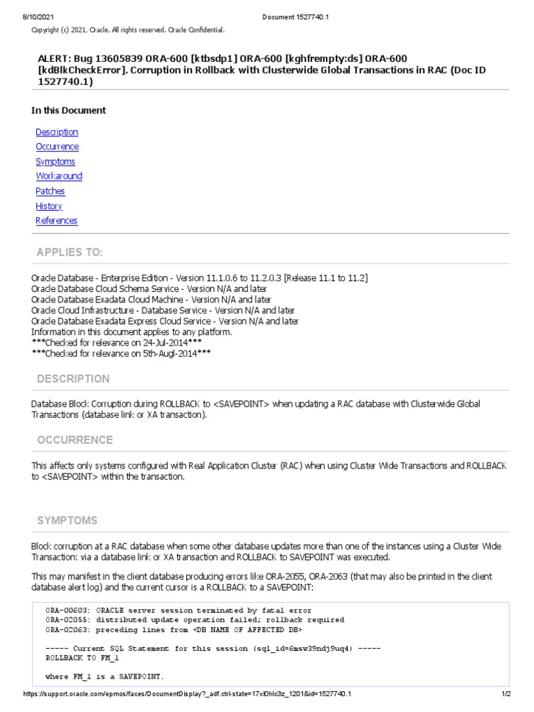 Corruption in Rollback With Clusterwide Global Transactions in RAC (Doc ID 1527740.1) | PDF ...