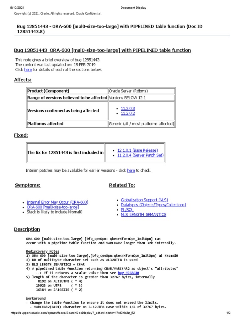 Bug 12851443 - OrA-600 (Mal0-Size-Too-large) With PIPELINED Table Function Doc ID | PDF ...
