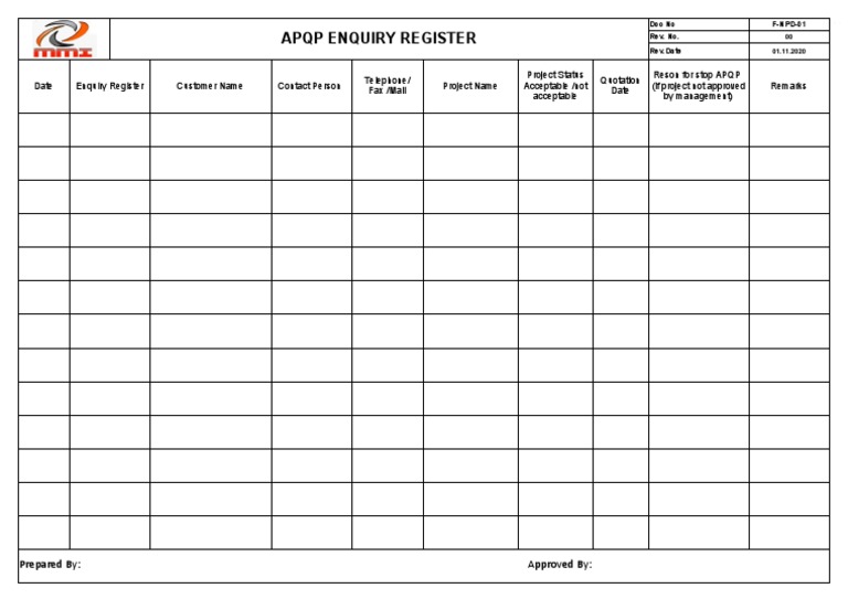 APQP Enquiry Register Template | PDF