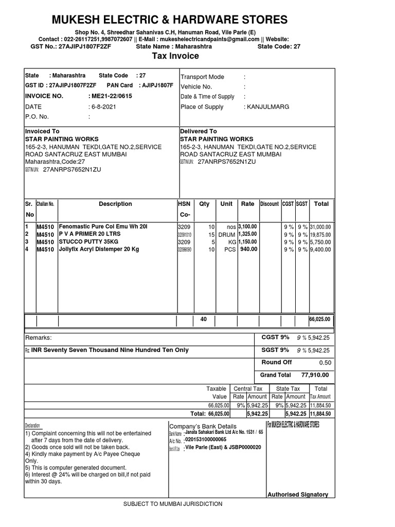 Mukesh Electric & Hardware Stores: Tax Invoice | PDF | Taxation ...
